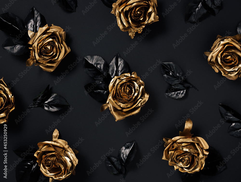 Dark romantic pattern with beautiful golden roses with black leaves ...
