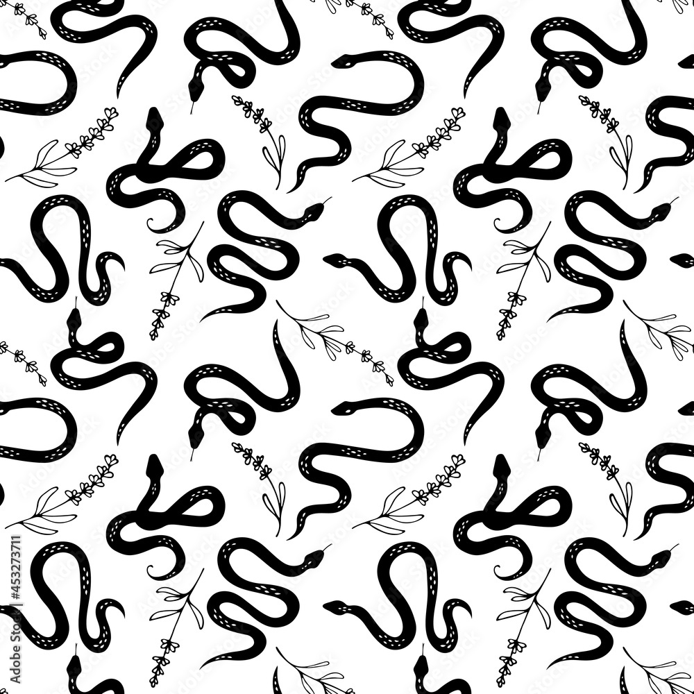 Seamless pattern with snakes and lavender. Mystic vector pattern ...
