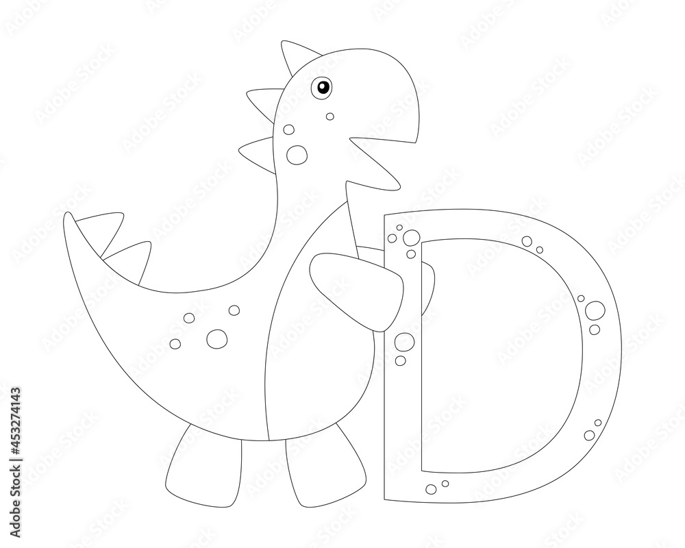 Coloring book dinosaur on a white background. Letter D. Study of ...