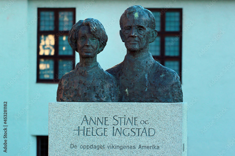 Oslo, Norway - June 26, 2018: Bust of Anne Stine and Helge Ingstad, a ...