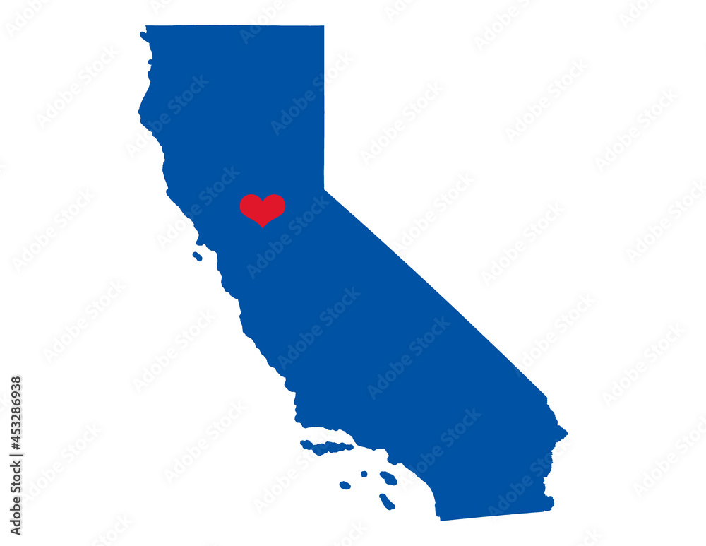 Blue California State Map With Heart Capital City On White Background ...