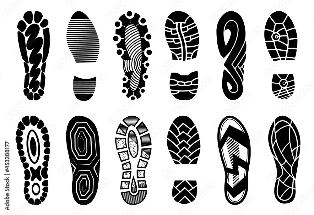 Collection of footprints human shoes silhouette. Set of shoe soles ...