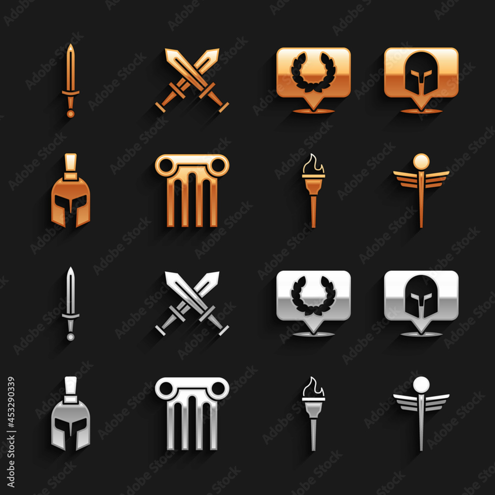 Set Ancient column, Greek helmet, Caduceus snake medical, Torch flame ...