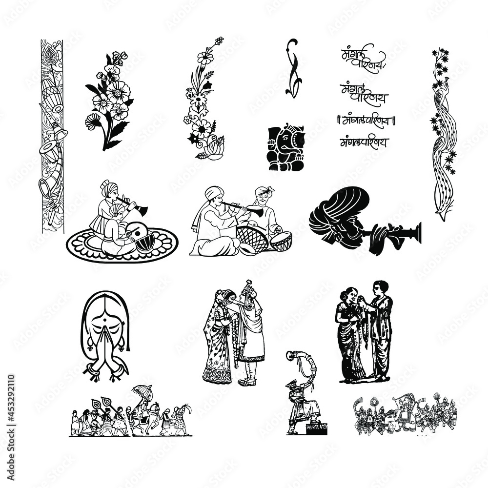 set of Indian Wedding Elements Clipart uses for Invitation Card, Banner ...