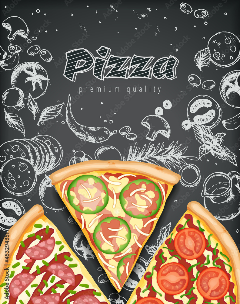 Color pizza poster. Savoury pizza ads with 3d illustration rich ...