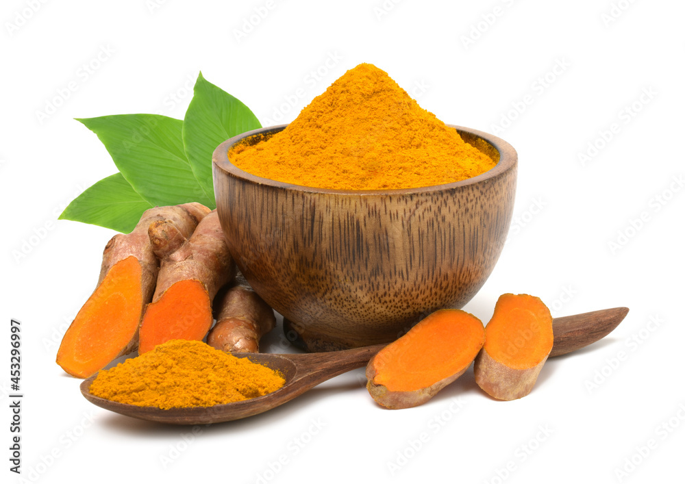 Turmeric (curcumin ) powder and rhizomes (root) with leaves isolated on ...