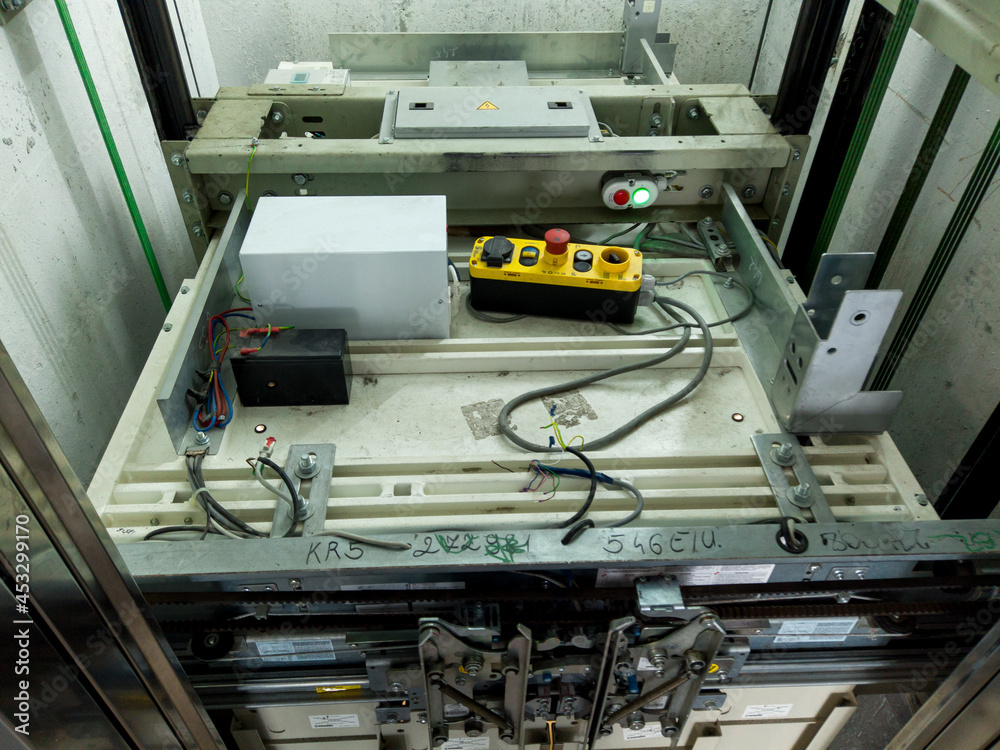 Elevator under maintenance. Broken elevator in open lift shaft. Out of ...