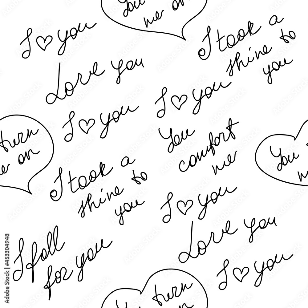 love you hearts romantic pattern on white background. black and white ...
