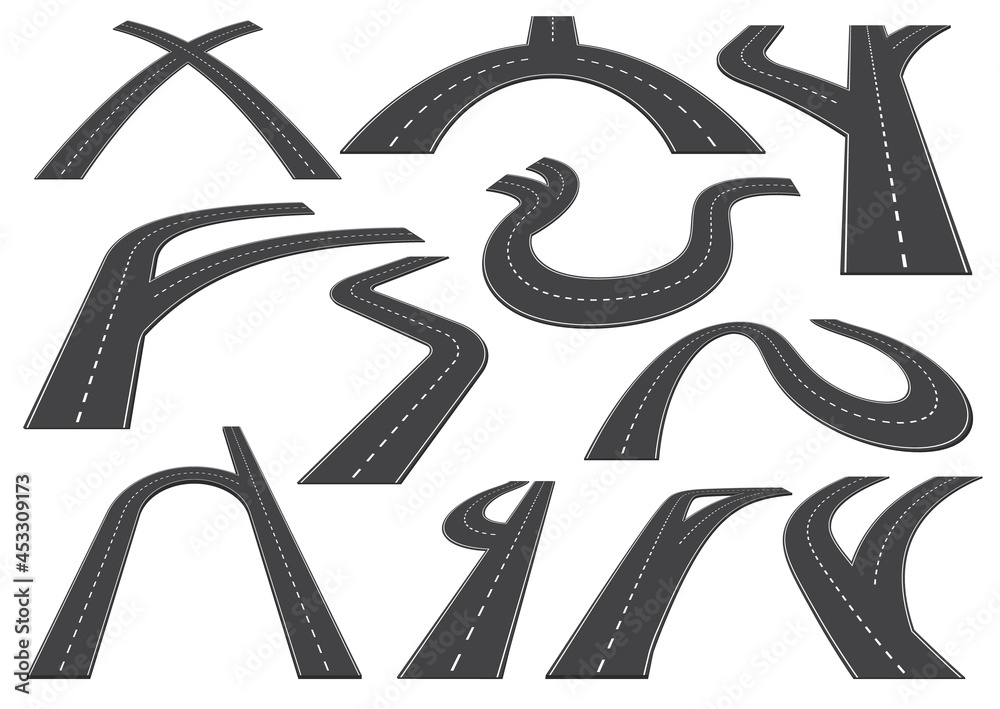 Bending roads, high ways or roadways. Collection of winding road design ...