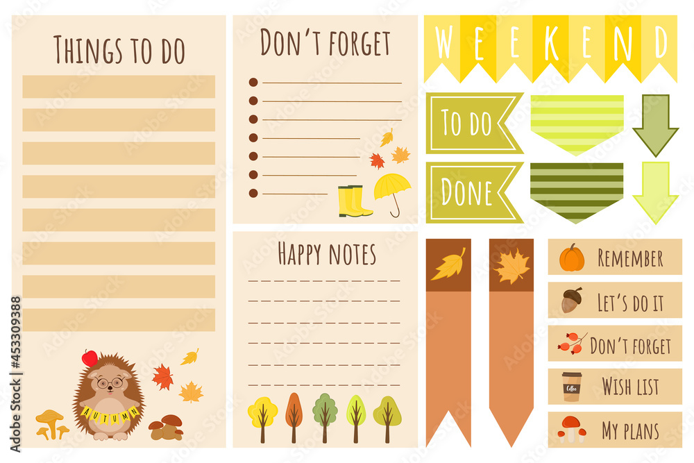 Collection of weekly or daily planner, note paper, to do list, stickers ...