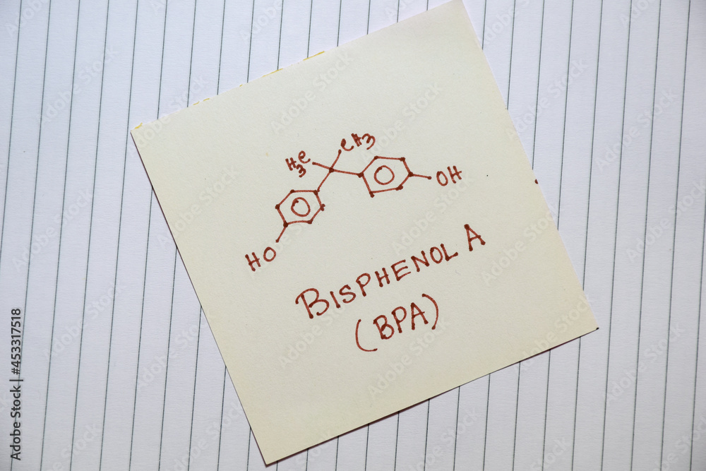 Chemical structure of Bisphenol A or BPA handwritten on white note. BPA ...