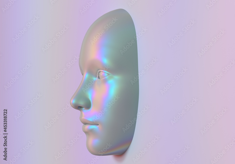 3D illustration of an alien-looking bald woman with a holographic skin ...