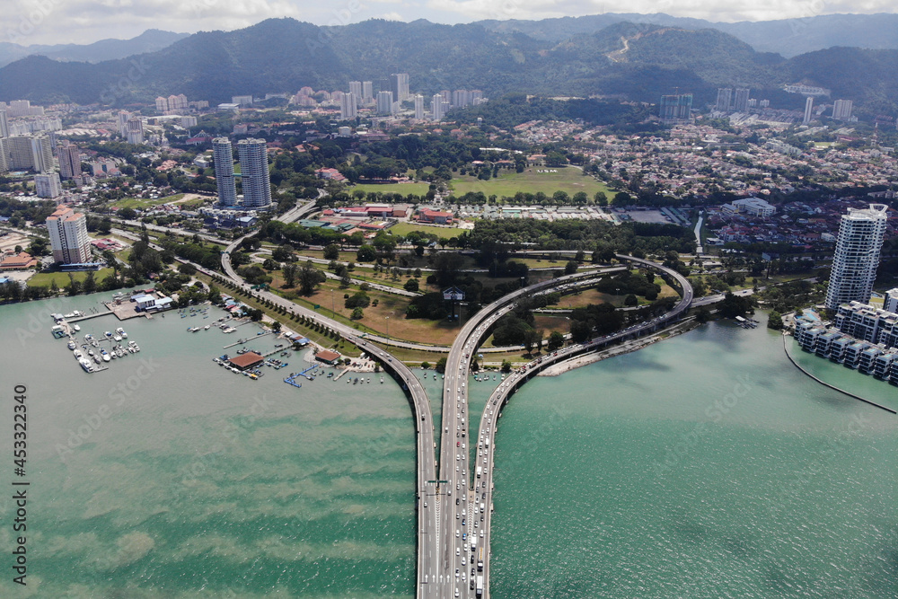 Aerial view of Penang Island from Penang 1st Bridge, Penang, Malaysia ...