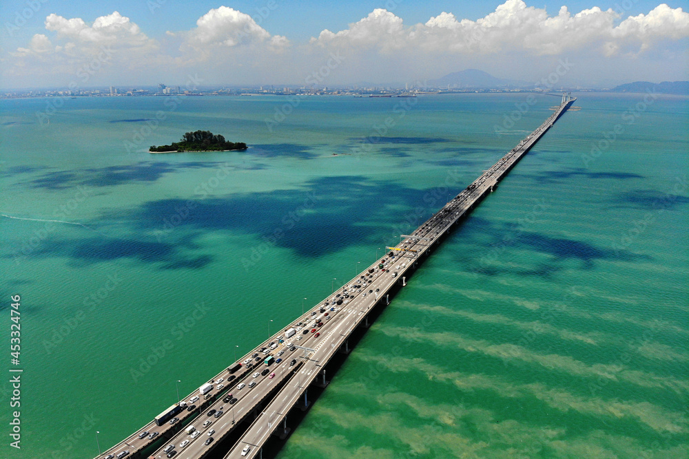 Penang Bridge from an aerial perspective. A 13.5KM length dual ...