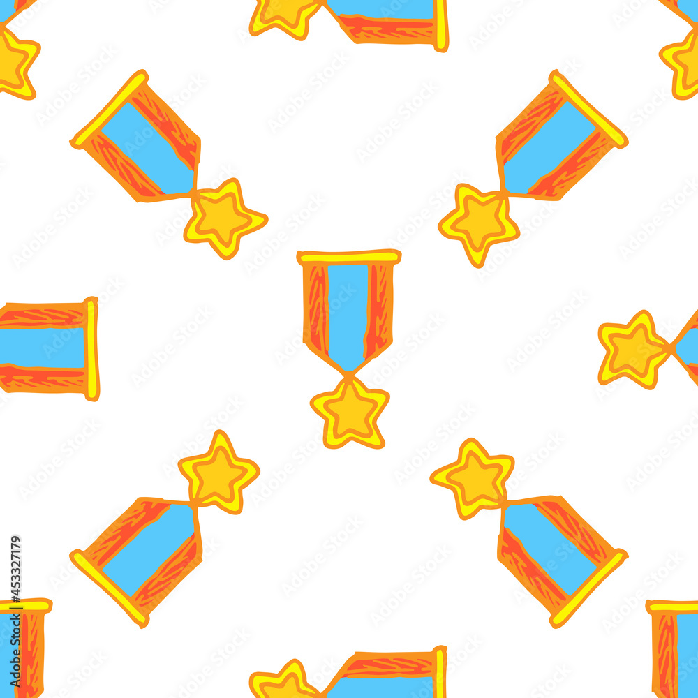 Vector seamless pattern of a gold star medal in a flat style. the order ...