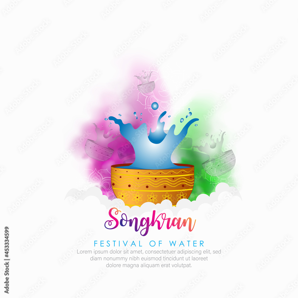 Songkran Thailand water splash festival banner. Thai landmarks as ...