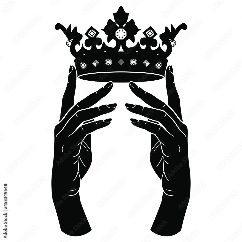 Two beautiful female hands holding royal crown adorned with gems ...