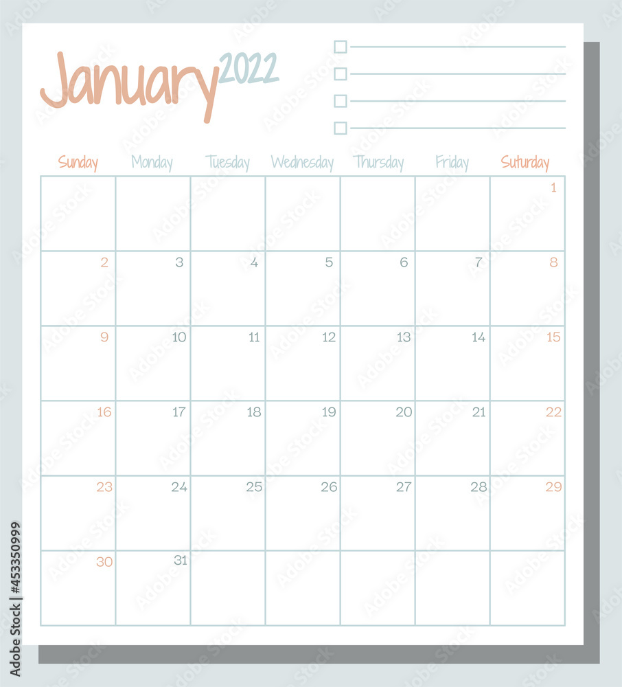 January 2022 calendar month planner with To Do List, week starts on ...