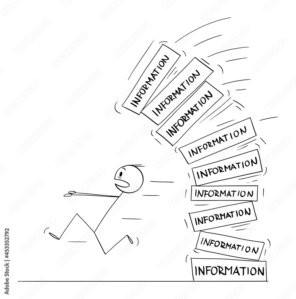 Person Running Away From Falling Pile of Information, Information ...