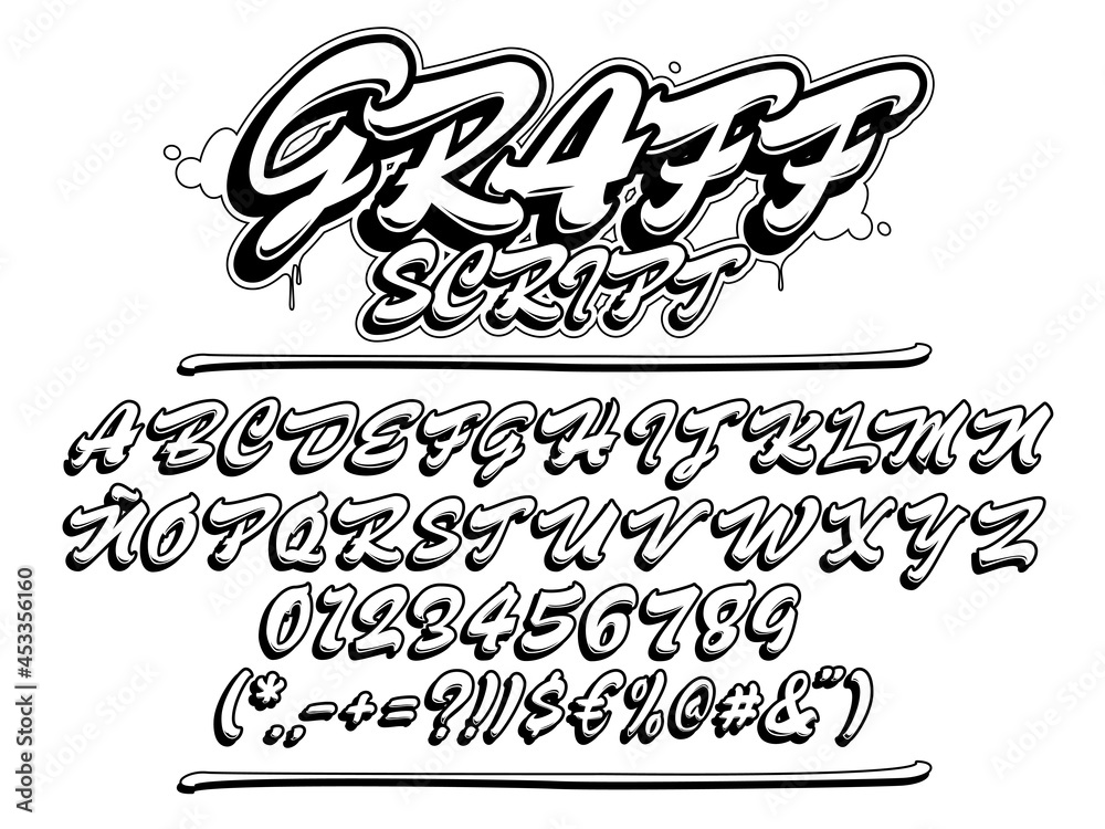 Graffiti script font. Uppercase lettering typeface. Vector alphabet ...