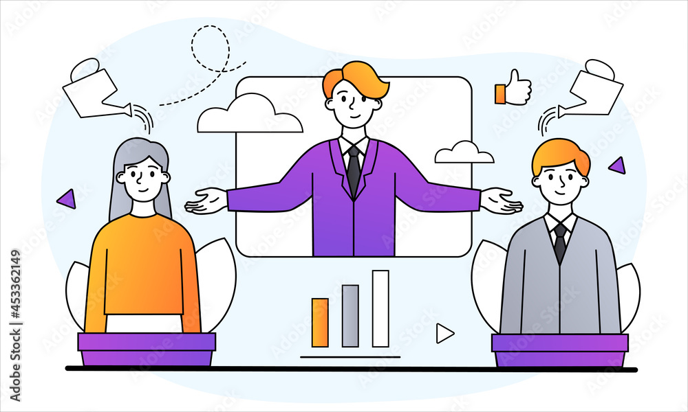 Professional growth of employees concept. Boss trains employees and ...