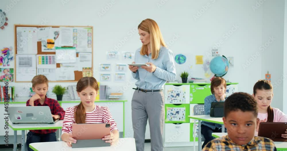 Elementary school computer science class. Smart multi-ethnic junior ...