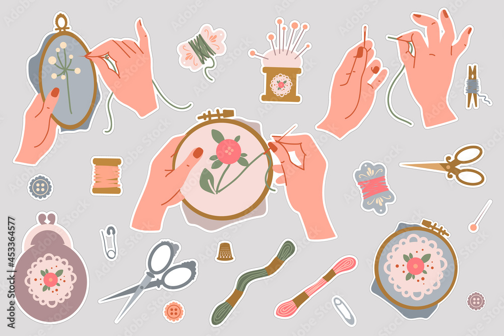 Handicraft stickers set with beautiful female hands and embroidery ...
