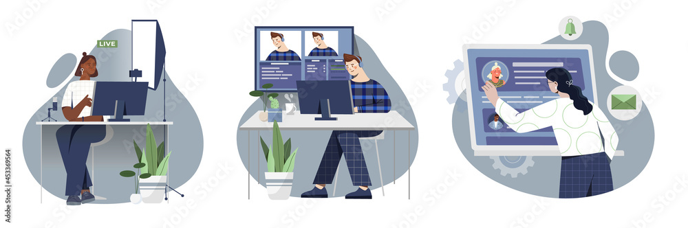 Set of scenes with male and female characters during online live event ...