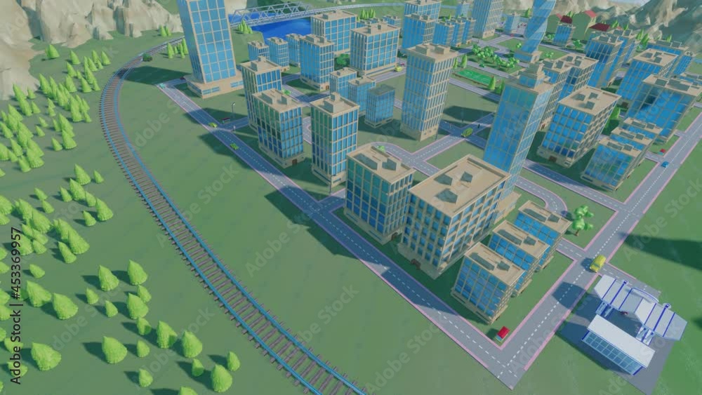 flyby of the camera over a stylized model of a three-dimensional city ...