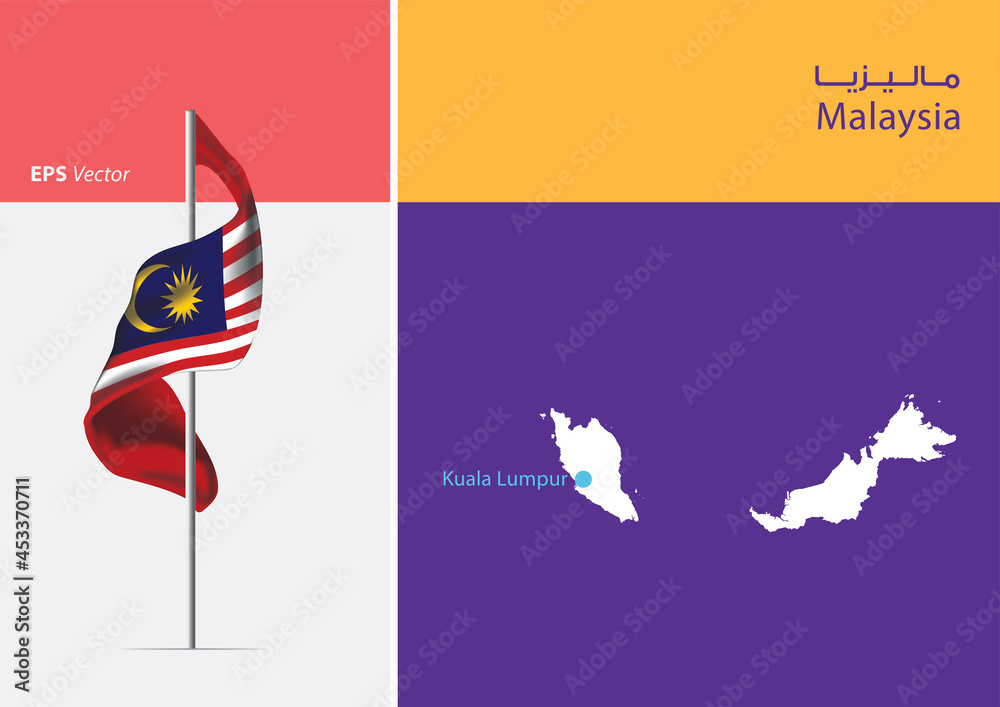 Flag of Malaysia on white background. Map of Malaysia with Capital ...