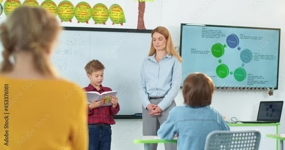 Caucasian pretty young woman teacher standing at school classroom near ...