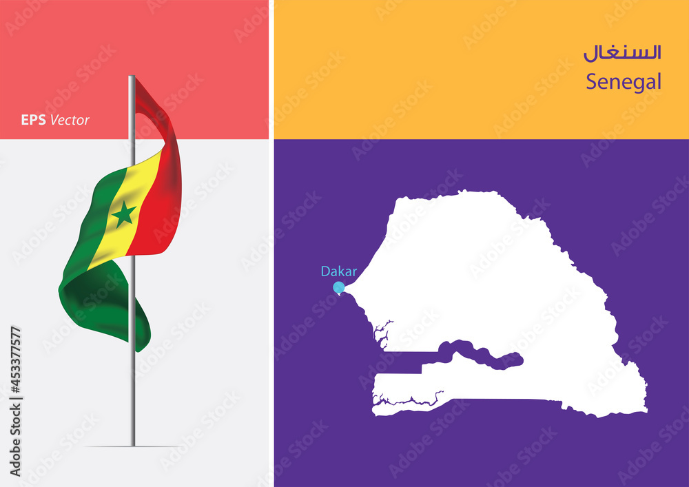 Flag of Senegal on white background. Map of Senegal with Capital ...