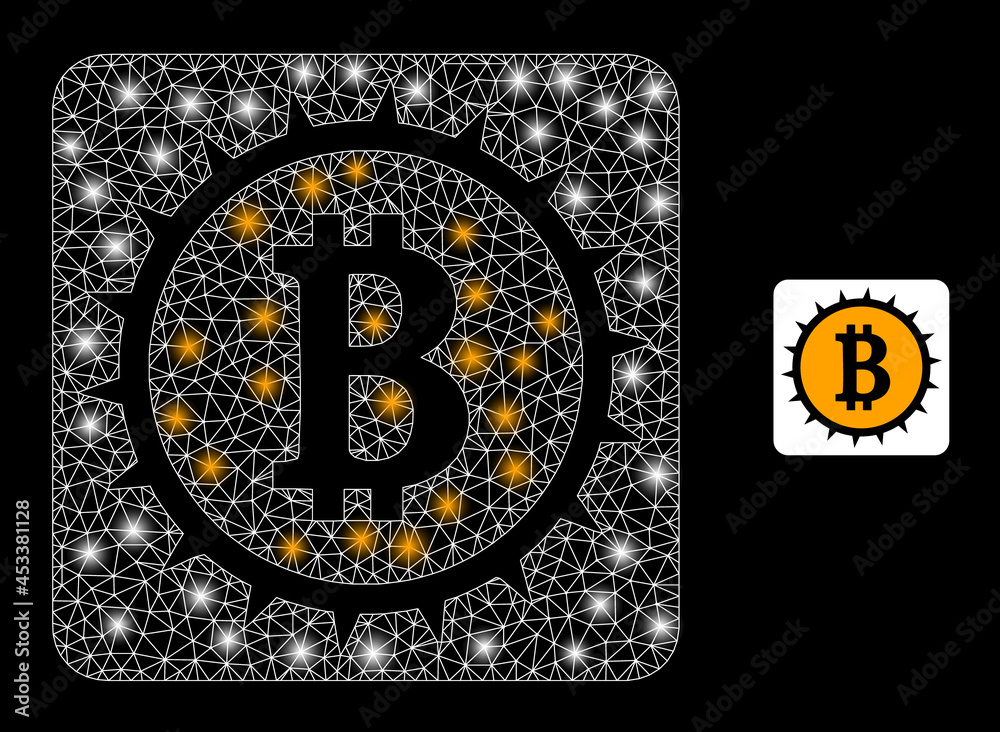 Bright mesh vector bitcoin box with glow effect. White mesh, bright ...