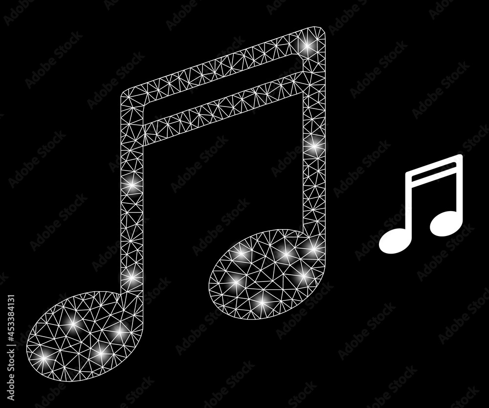 Glamour mesh vector music notes with glare effect. White mesh, glare ...