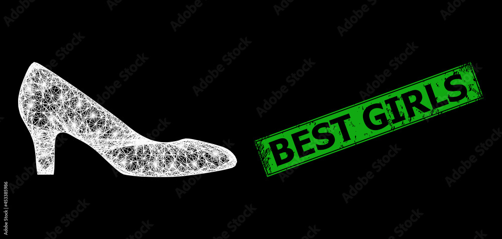Bright crossing mesh lady shoe wireframe with bright dots, and green ...