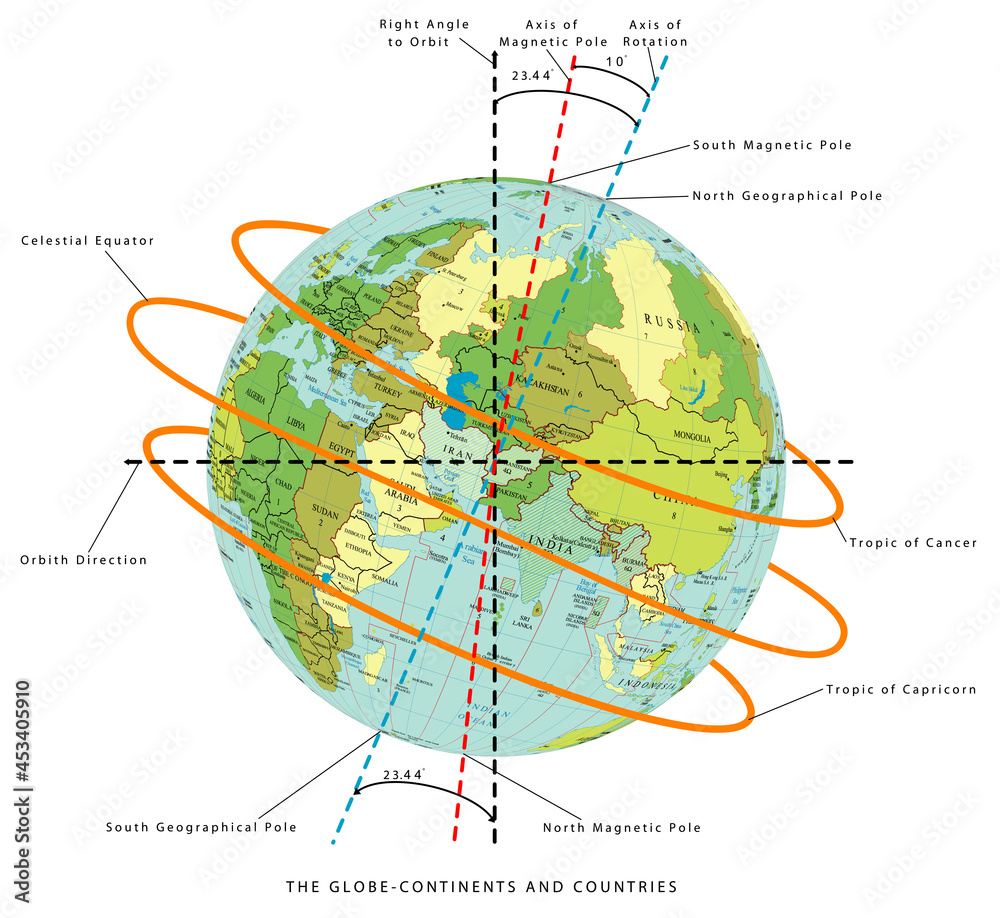 The Globe - World Map with continents and countries. Illustration of ...