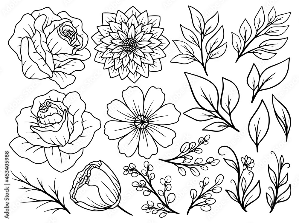 Hand drawn flower sketch line art illustration set. Stock Vector ...