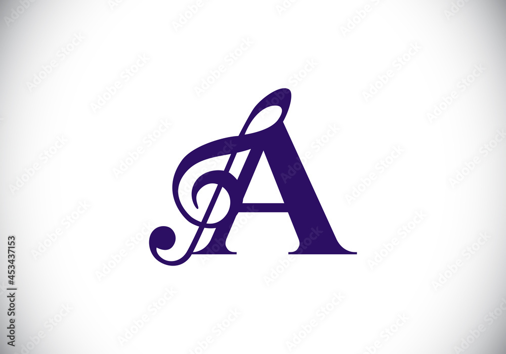 Initial A monogram alphabet with a musical note. Symphony or melody ...