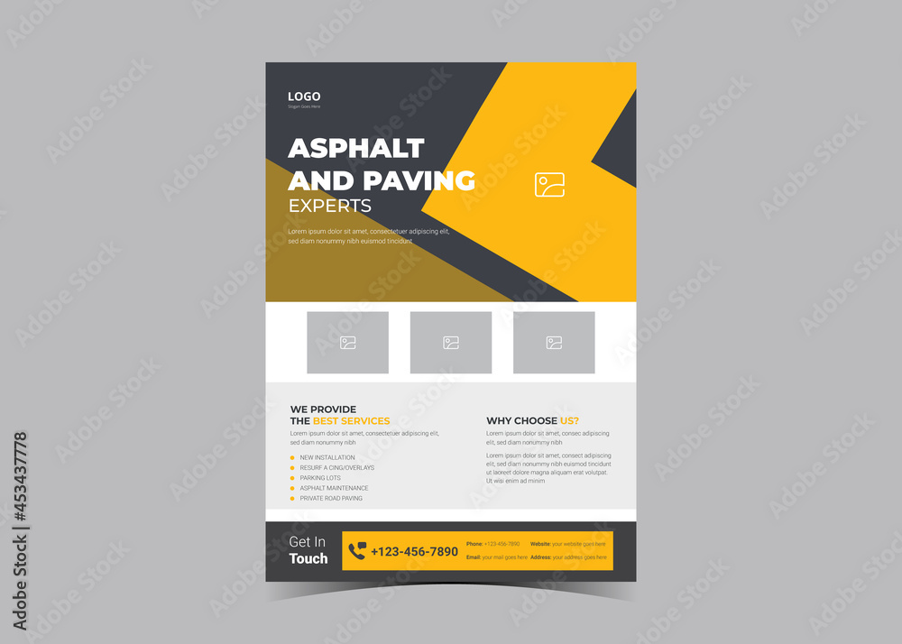 Paving service construction work flyer design template. Roadwork ...