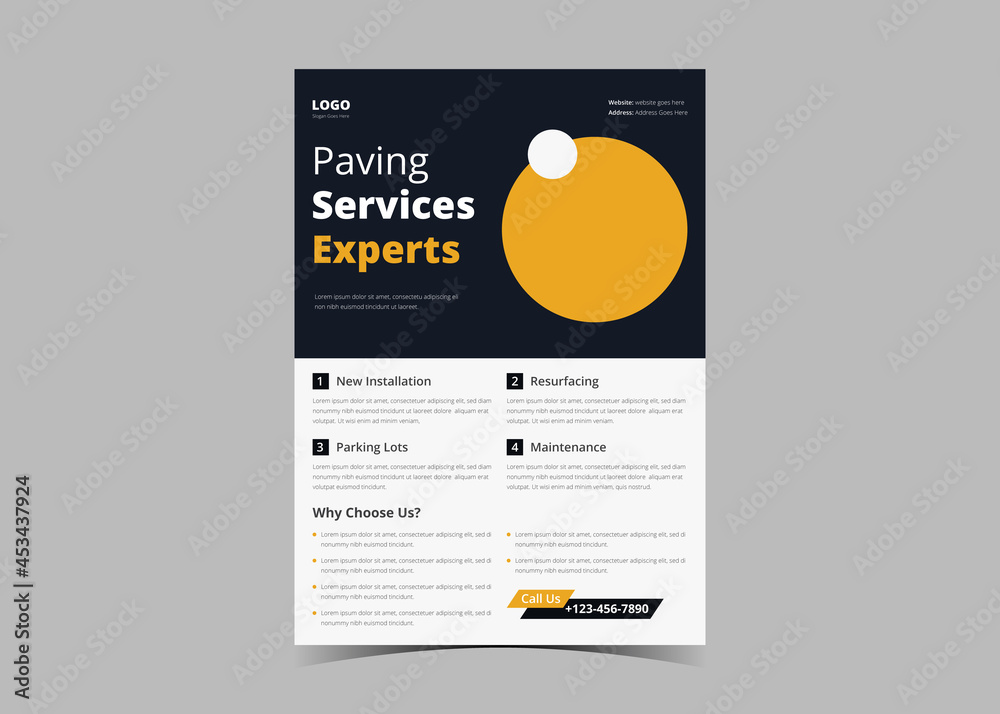 Paving service construction work flyer design template. Roadwork ...