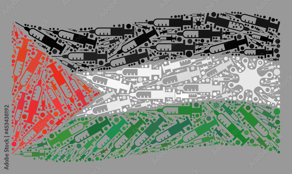 Mosaic waving Palestine flag designed with virus and needle icons ...
