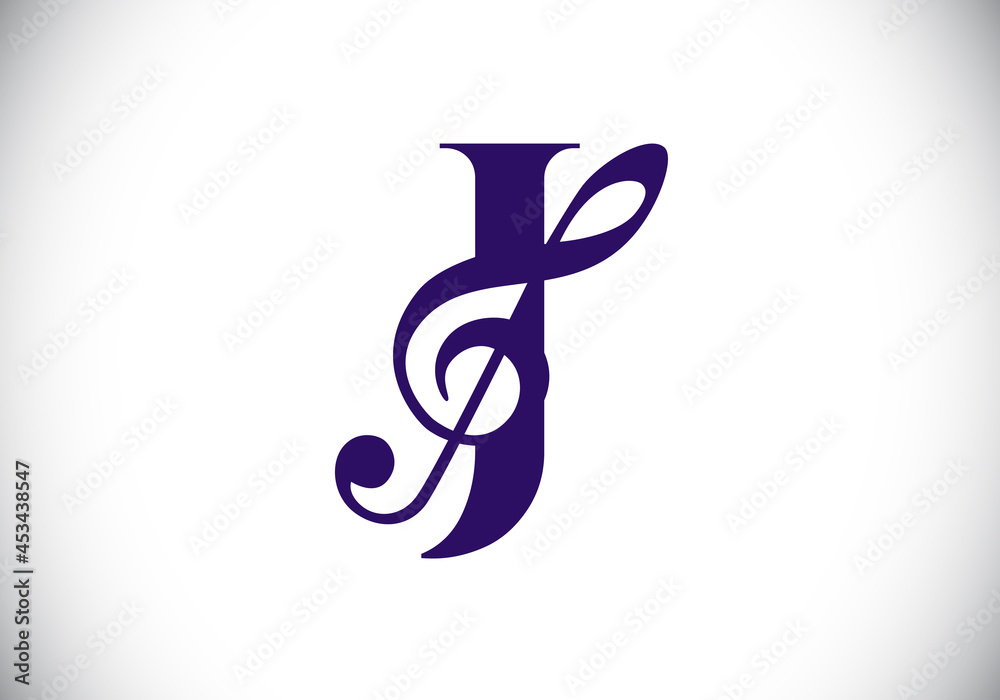Initial J monogram alphabet with a musical note. Symphony or melody ...
