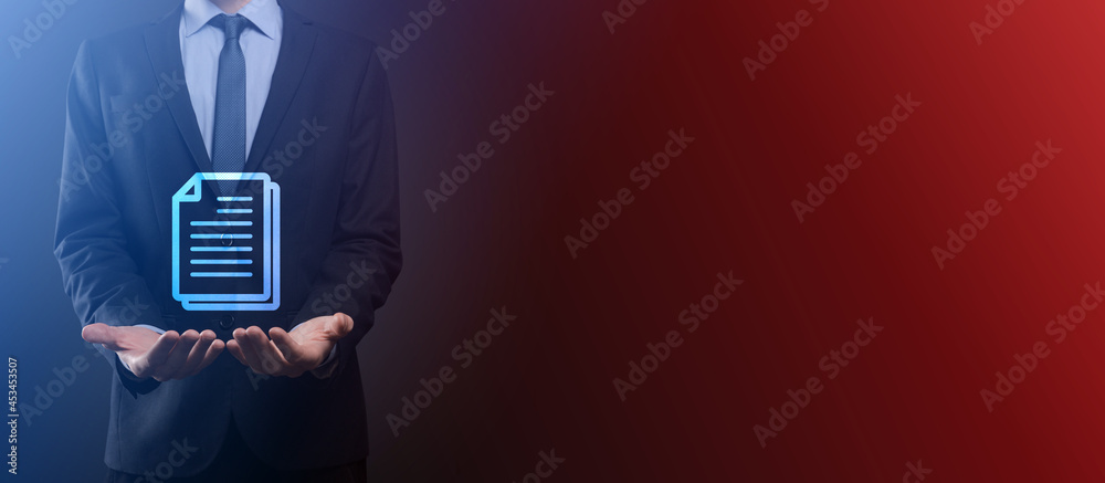 Businessman man holding a document icon in his hand Document Management ...