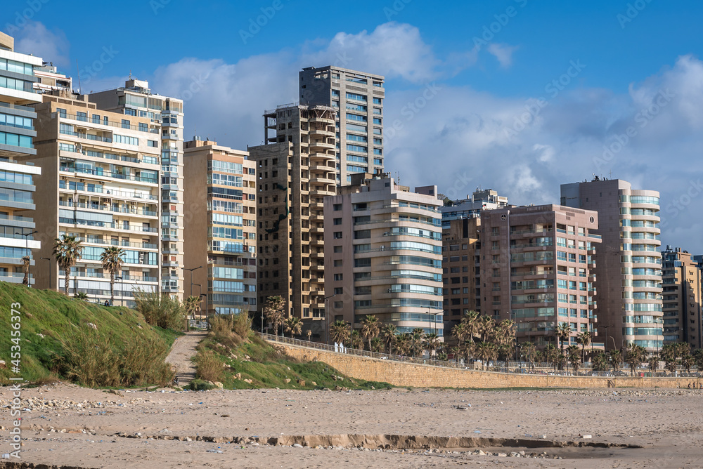 Beirut, Lebanon - March 7, 2020: Residential buildings over Ramlet al ...