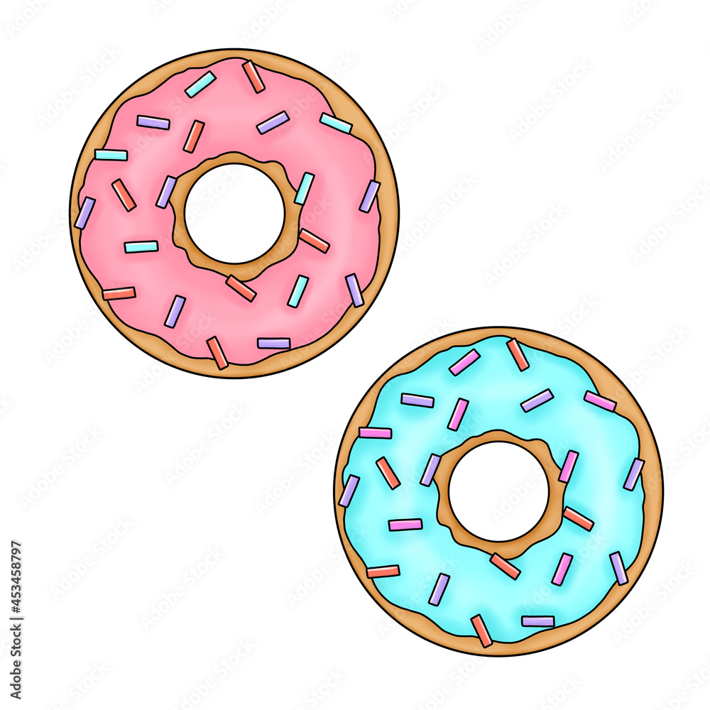 Hand draw illustration blue and pink donut.American food..Sweet Set ...