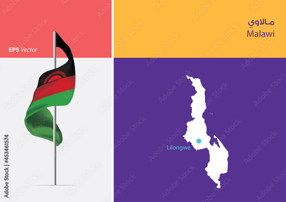 Flag of Malawi on white background. Map of Malawi with Capital position ...