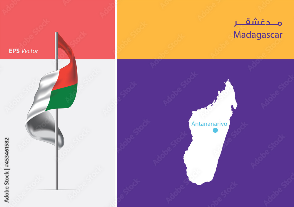 Flag of Madagascar on white background. Map of Madagascar with Capital ...