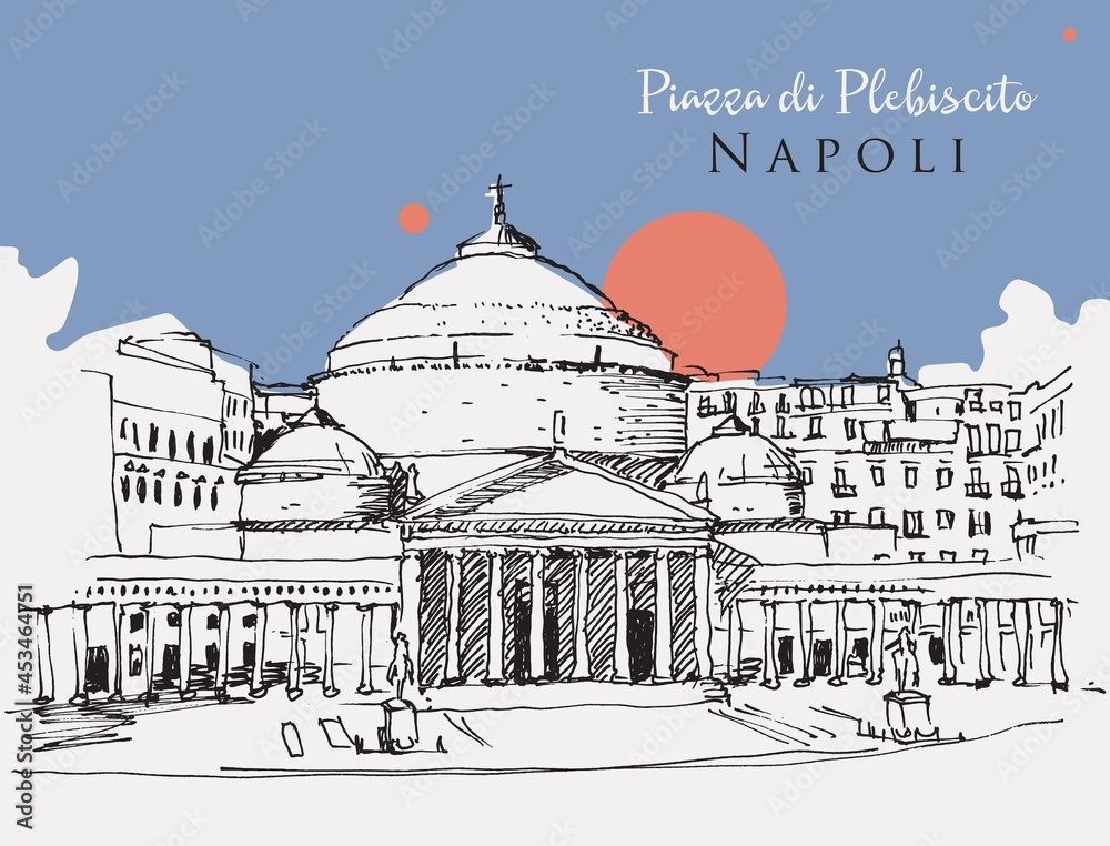 Drawing sketch illustration of Piazza di Plebiscito in Naples, Italy ...