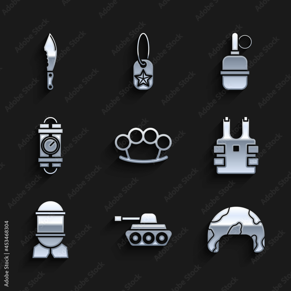 Set Brass knuckles, Military tank, helmet, Bulletproof vest for ...