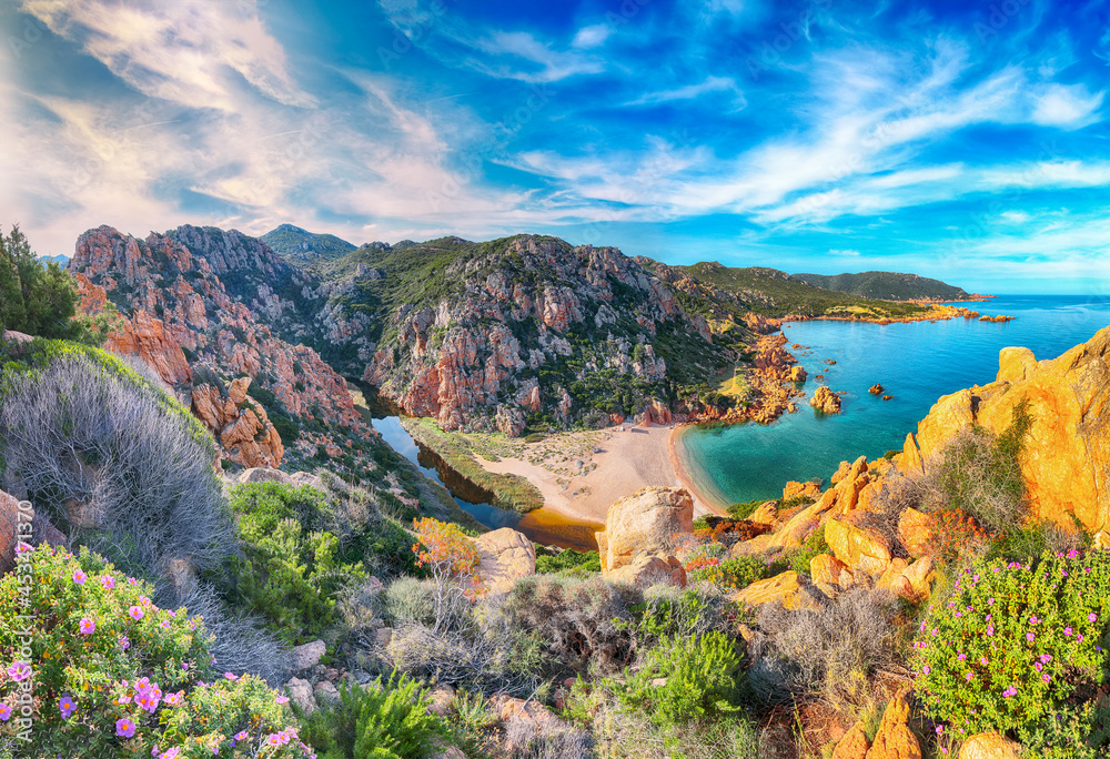 Captivating view of Li Cossi beach on Costa Paradiso resort. Stock ...